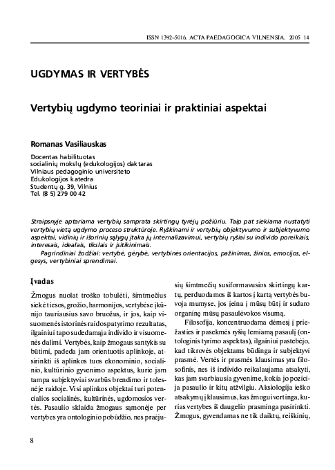 (PDF) Vertybių ugdymo teoriniai ir praktiniai aspektai