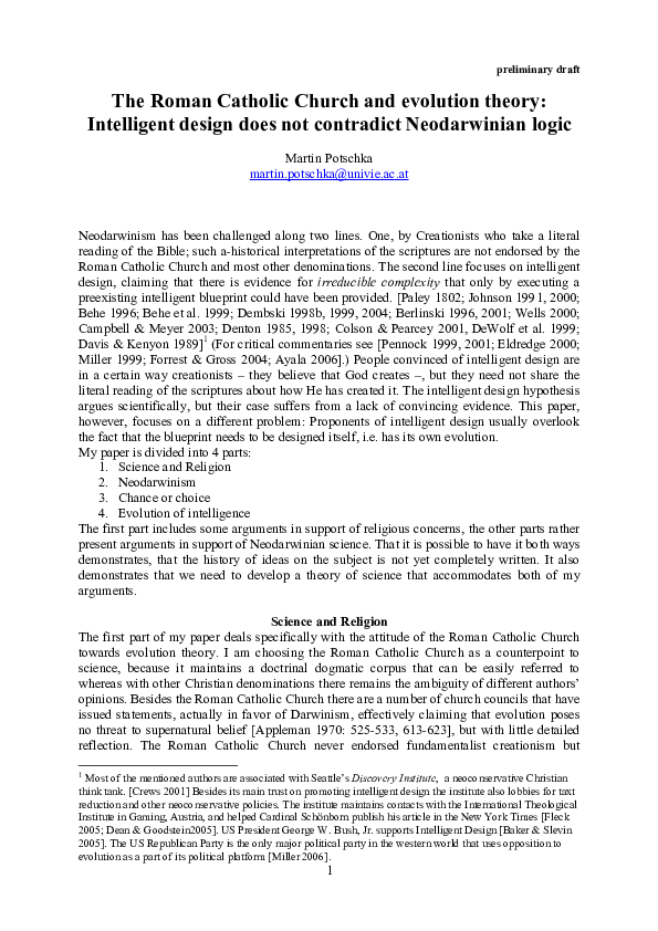 (PDF) The Roman Catholic Church and evolution theory: Intelligent design does not contradict ...