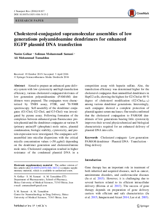 (PDF) Cholesterol-conjugated supramolecular assemblies of low generations polyamidoamine ...