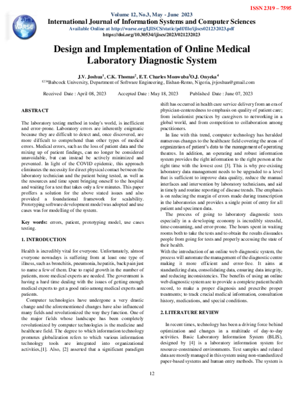 (PDF) Design and Implementation of Online Medical Laboratory Diagnostic System