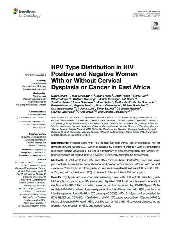 (PDF) HPV Type Distribution in HIV Positive and Negative Women With or ...