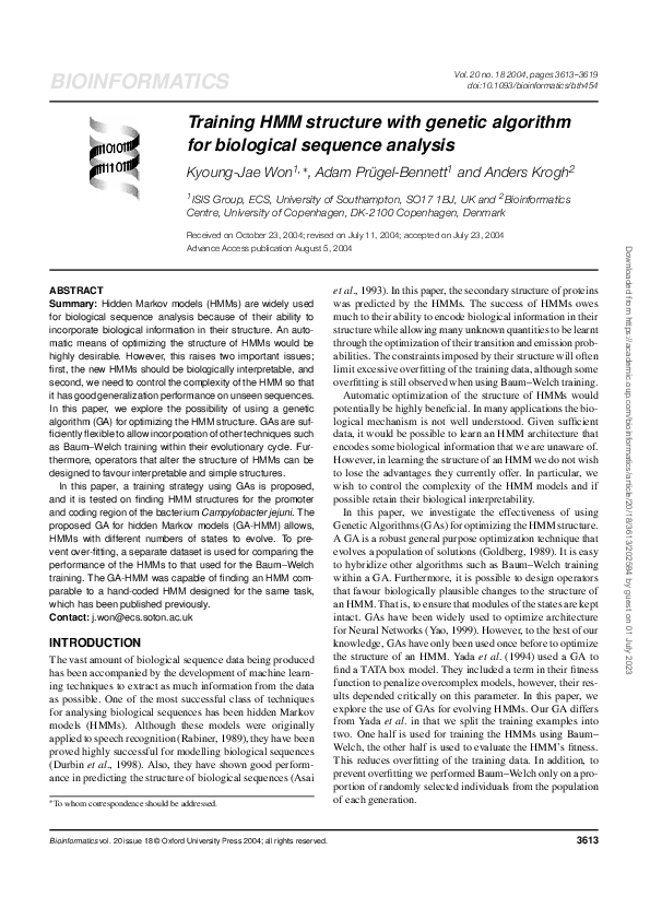 (PDF) Training HMM structure with genetic algorithm for biological sequence analysis