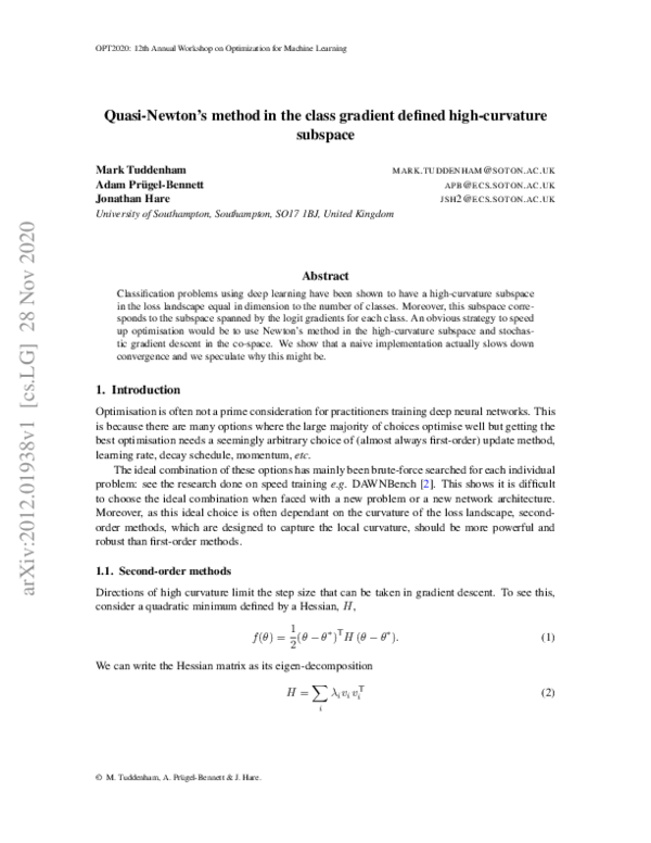 (PDF) Quasi-Newton's method in the class gradient defined high-curvature subspace