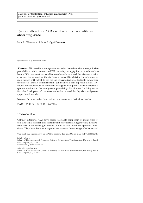 (PDF) Renormalisation of 2D Cellular Automata with an Absorbing State