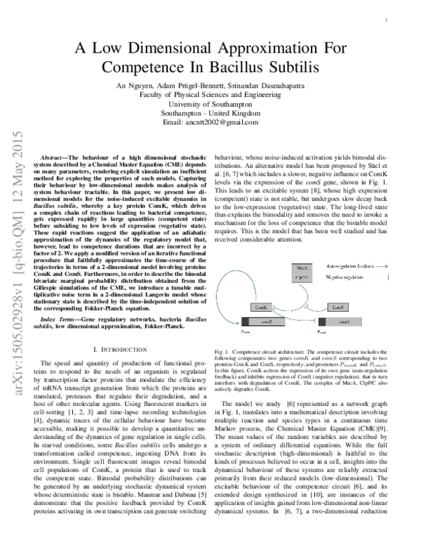 (PDF) A Low Dimensional Approximation For Competence In Bacillus Subtilis