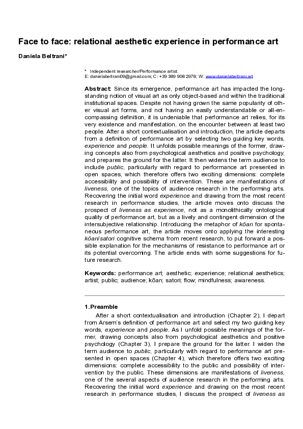 (PDF) Face to face: relational aesthetic experience in performance art