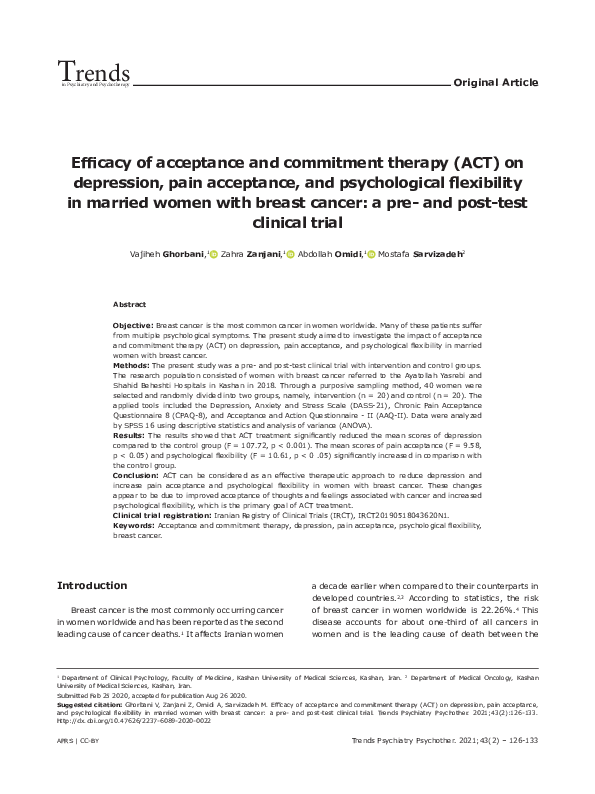 Pdf Efficacy Of Acceptance And Commitment Therapy Act On Depression