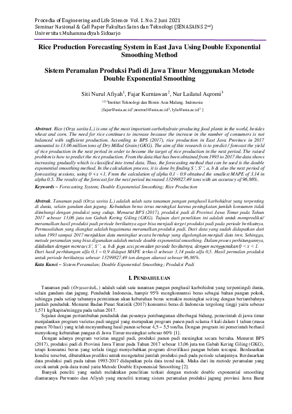 Pdf Rice Production Forecasting System In East Java Using Double Exponential Smoothing Method