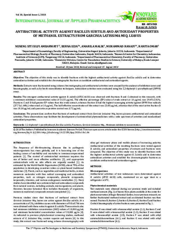 (PDF) ANTIBACTERIAL ACTIVITY AGAINST BACILLUS SUBTILIS AND ANTIOXIDANT ...