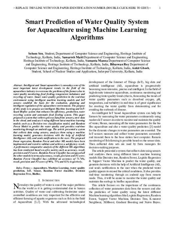 (PDF) Smart Prediction of Water Quality System for Aquaculture using Machine Learning Algorithms