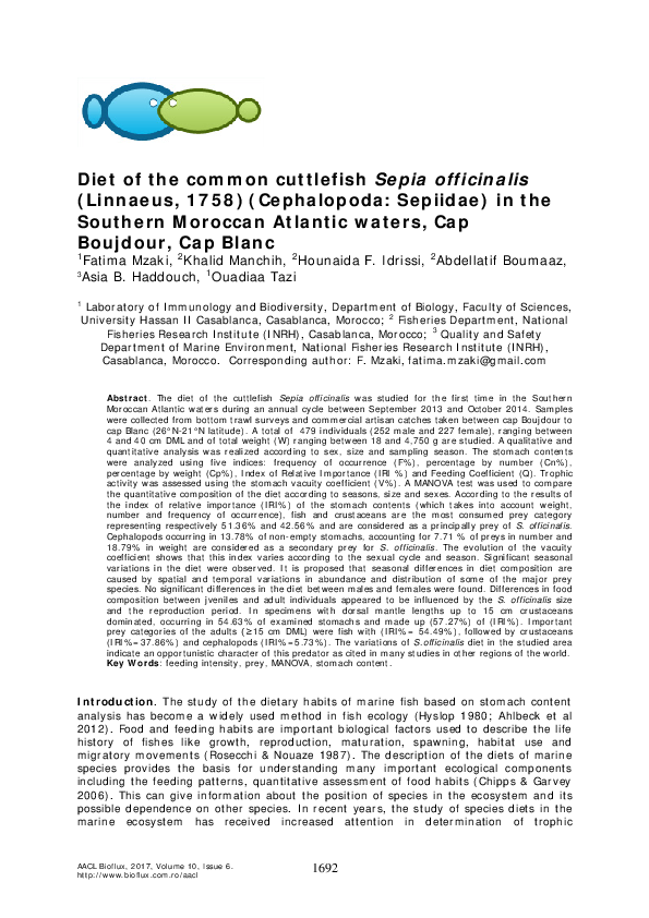 (PDF) Diet of the common cuttlefish Sepia officinalis ( Linnaeus , 1758 ...