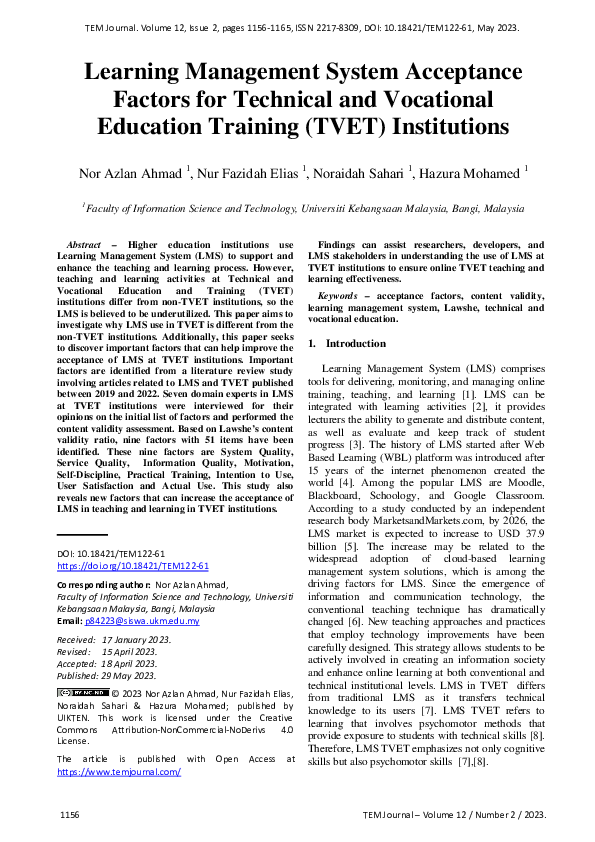 (PDF) Learning Management System Acceptance Factors for Technical and ...