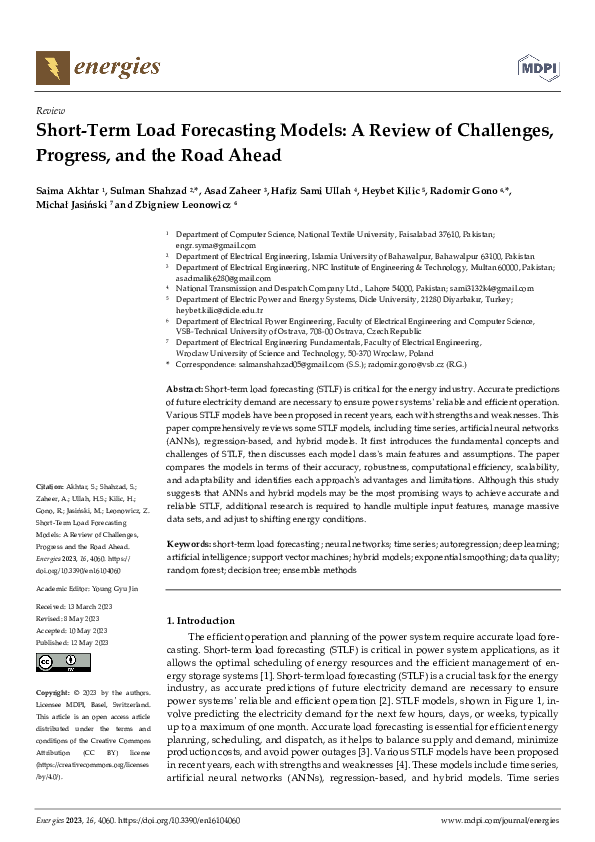 (PDF) Short-Term Load Forecasting Models: A Review of Challenges, Progress, and the Road Ahead
