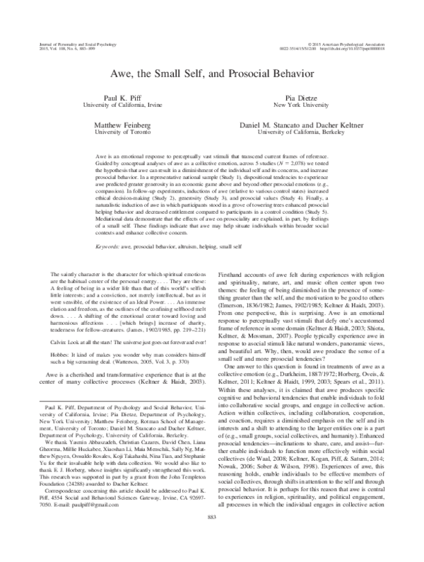 (PDF) Awe, the small self, and prosocial behavior