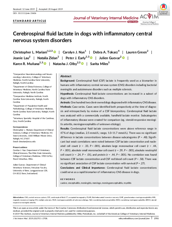 (PDF) Cerebrospinal fluid lactate in dogs with inflammatory central ...