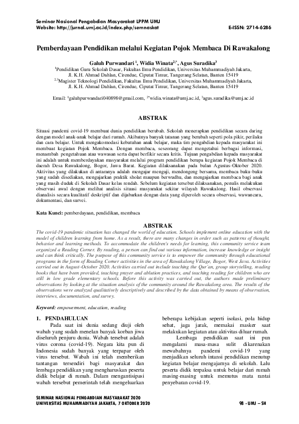 (PDF) Pemberdayaan Pendidikan melalui Kegiatan Pojok Membaca Di Rawakalong