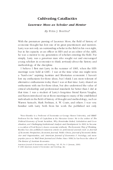 (PDF) Cultivating Catallactics: Laurence Moss as Scholar and Mentor