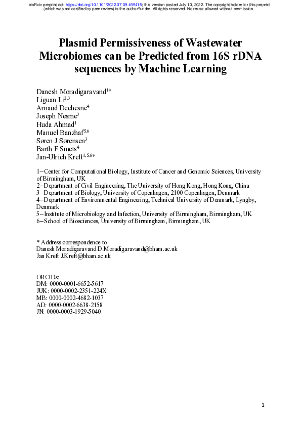 (PDF) Plasmid Permissiveness of Wastewater Microbiomes can be Predicted from 16S rDNA sequences ...