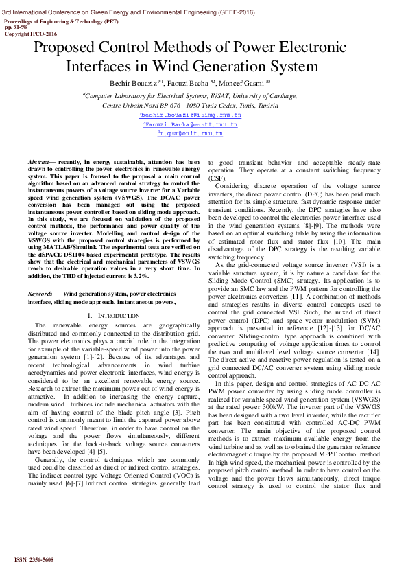 (PDF) Proposed Control Methods of Power Electronic Interfaces in Wind Generation System