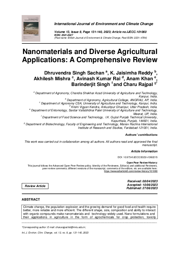 (PDF) Nanomaterials and Diverse Agricultural Applications: A Comprehensive Review