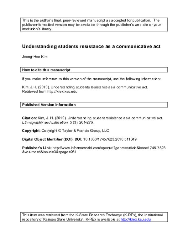 (PDF) Understanding student resistance as a communicative act