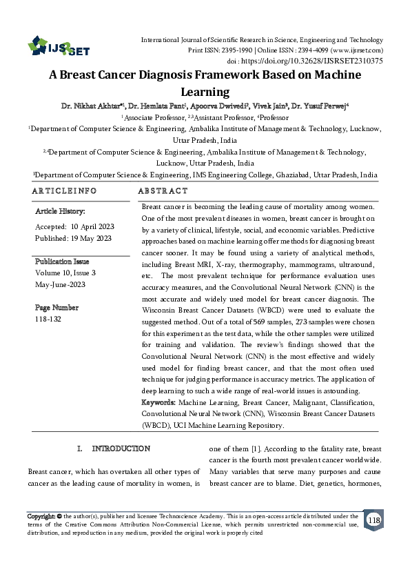 Pdf A Breast Cancer Diagnosis Framework Based On Machine Learning