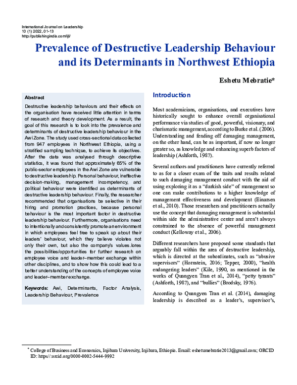 (PDF) Prevalence of Destructive Leadership Behaviour and its ...