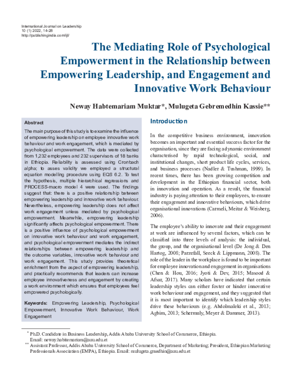 (PDF) The Mediating Role of Psychological Empowerment in the Relationship between Empowering ...