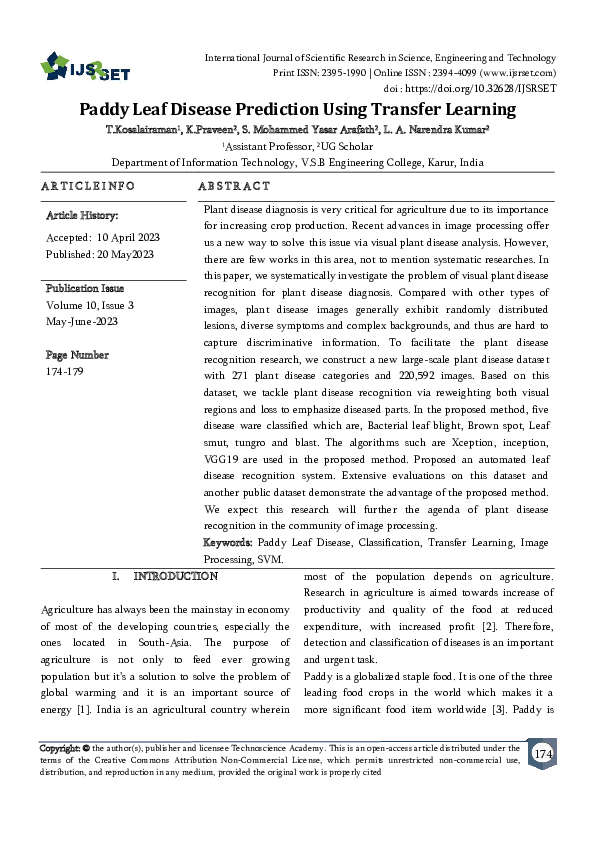 Pdf Paddy Leaf Disease Prediction Using Transfer Learning