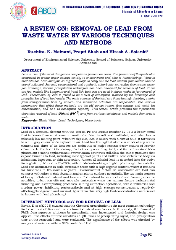 (PDF) A Review On: Removal of Lead from Waste Water by Various ...