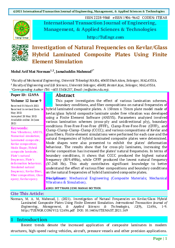 Pdf Investigation Of Natural Frequencies On Kevlar Glass Hybrid Laminated Composite Plates