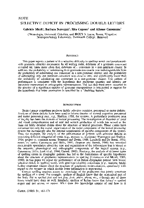 (PDF) Selective Deficit in Processing Double Letters | Gabriele Miceli - Academia.edu