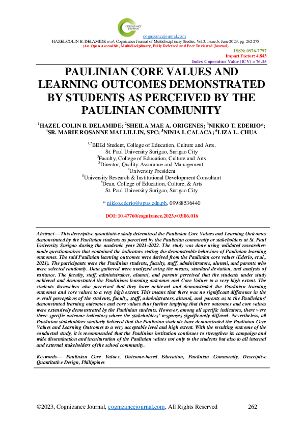 (PDF) PAULINIAN CORE VALUES AND LEARNING OUTCOMES DEMONSTRATED BY ...
