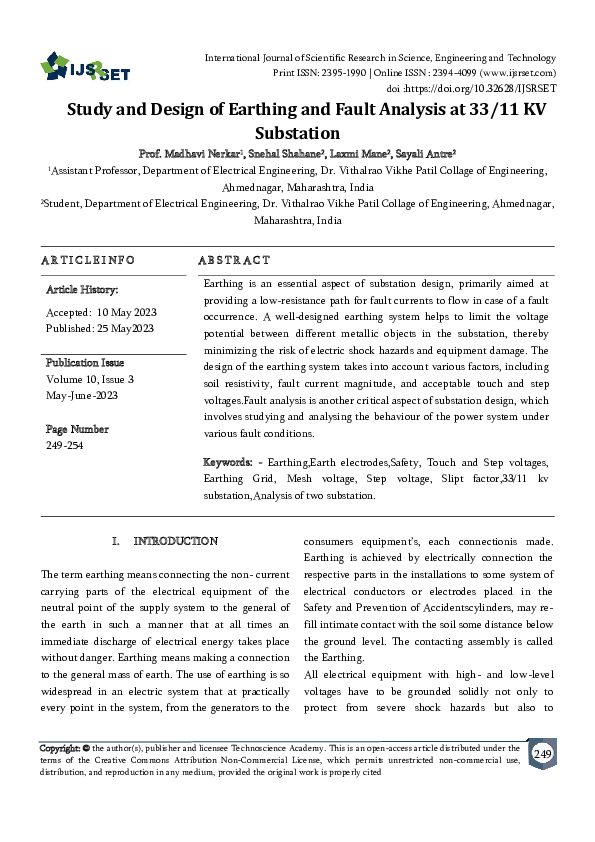 (PDF) Study and Design of Earthing and Fault Analysis at 33/11 KV Substation