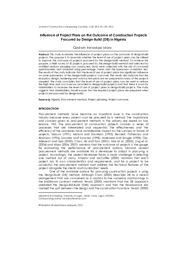 (PDF) Influence of Project Plans on the Outcome of Construction ...