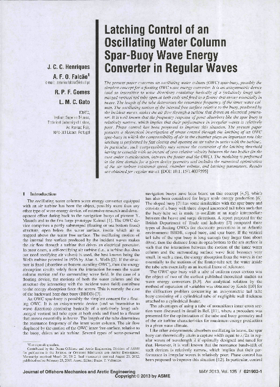 (PDF) Latching Control of an Oscillating Water Column Spar-Buoy Wave Energy Converter in Regular ...