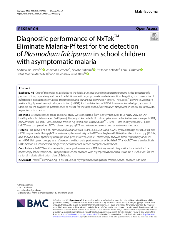 (PDF) Diagnostic performance of NxTek™ Eliminate Malaria-Pf test for ...