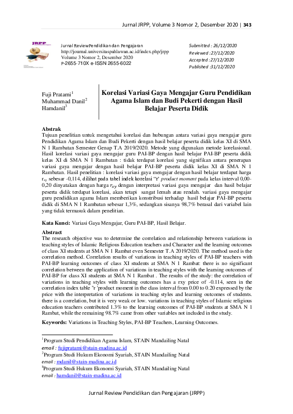 (PDF) Korelasi Variasi Gaya Mengajar Guru Pendidikan Agama Islam dan Budi Pekerti dengan Hasil ...