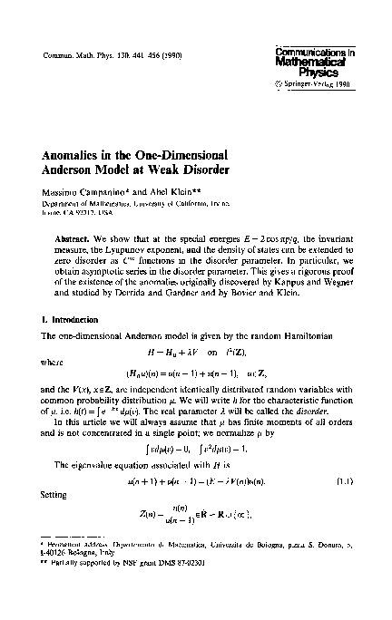 Pdf Anomalies In The One Dimensional Anderson Model At Weak Disorder