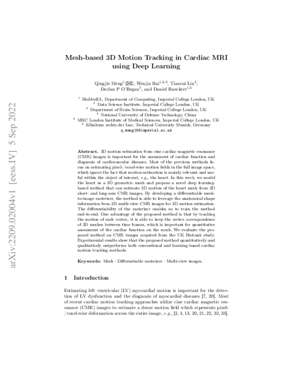 (PDF) Mesh-based 3D Motion Tracking in Cardiac MRI using Deep Learning
