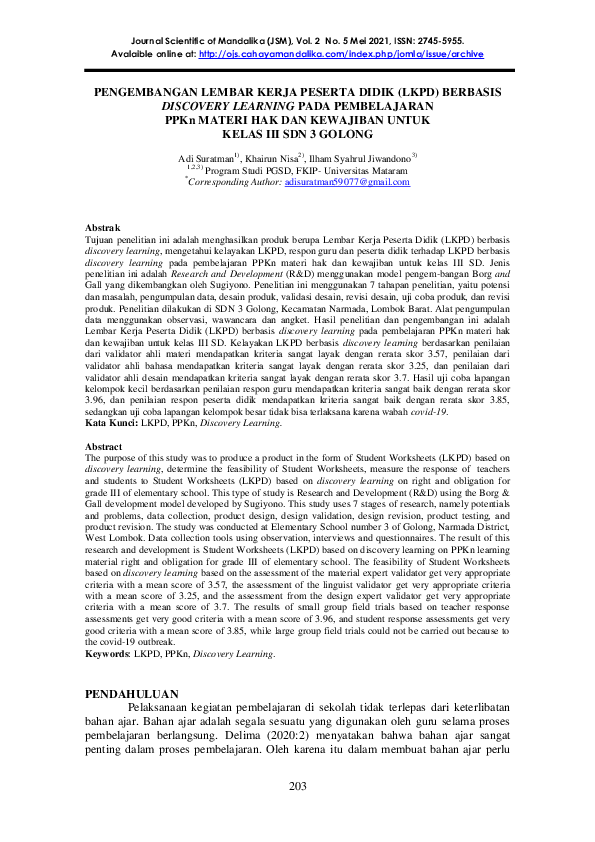 (PDF) PENGEMBANGAN LEMBAR KERJA PESERTA DIDIK (LKPD) BERBASIS DISCOVERY LEARNING PADA ...