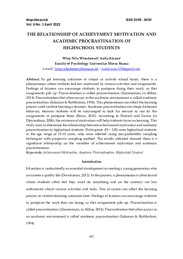 (PDF) The Relationship of Achievement Motivation and Academic Procrastination of Highschool Students