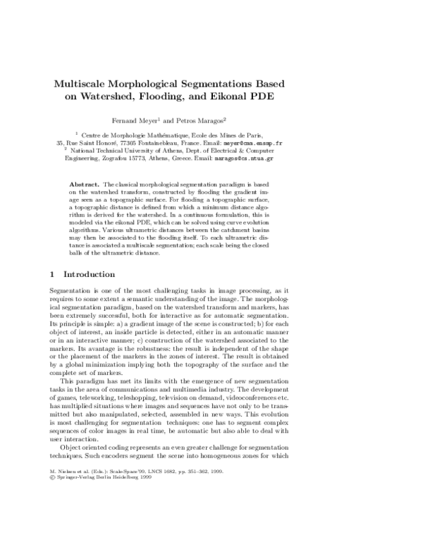 (PDF) Multiscale Morphological Segmentations Based on Watershed, Flooding, and Eikonal PDE