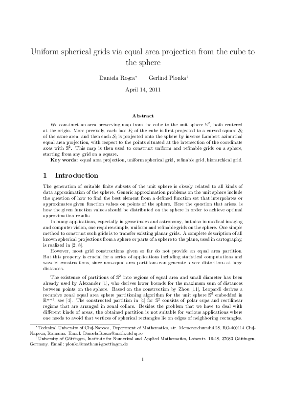 (PDF) Uniform spherical grids via equal area projection from the cube to the sphere