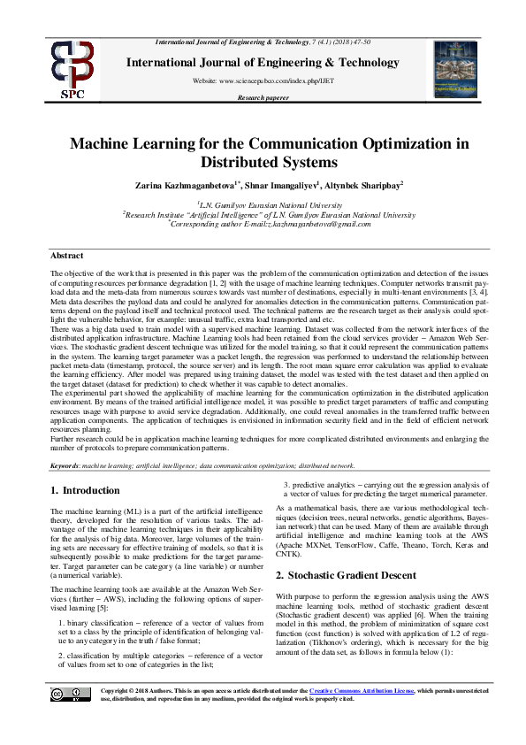 (PDF) Machine Learning for the Communication Optimization in Distributed Systems