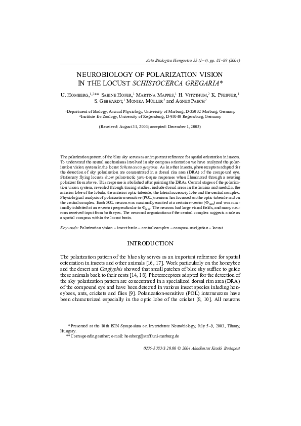 (PDF) Neurobiology of polarization vision in the locustSchistocerca gregaria