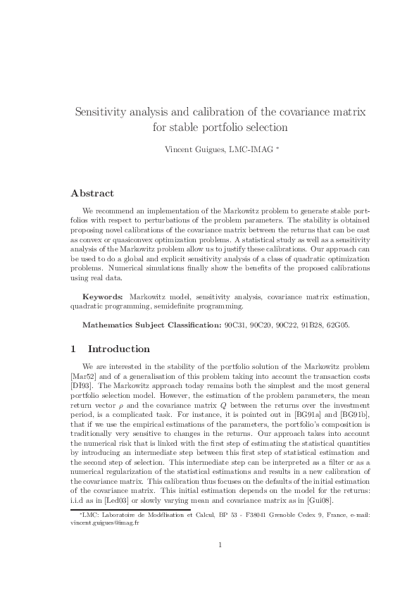 Pdf Sensitivity Analysis And Calibration Of The Covariance Matrix For