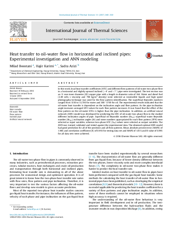 (PDF) Heat transfer to oil-water flow in horizontal and inclined pipes ...