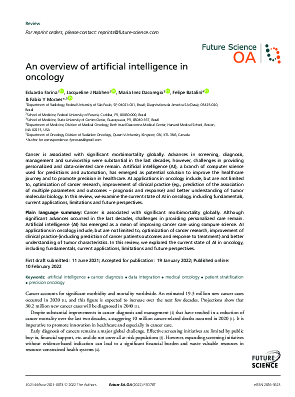 (PDF) An overview of artificial intelligence in oncology