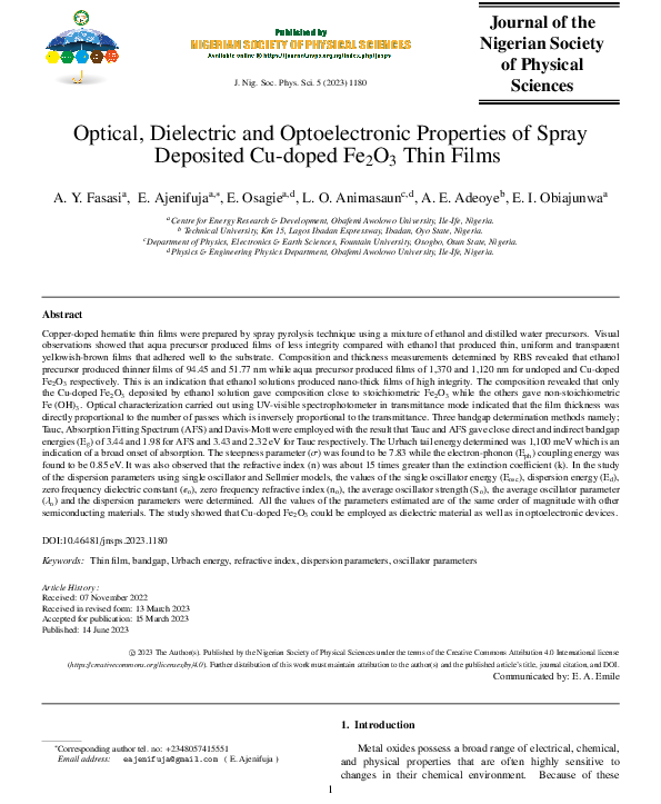 (PDF) Optical, Dielectric and Optoelectronic Properties of Spray Deposited Cu-doped Fe2O3 Thin Films